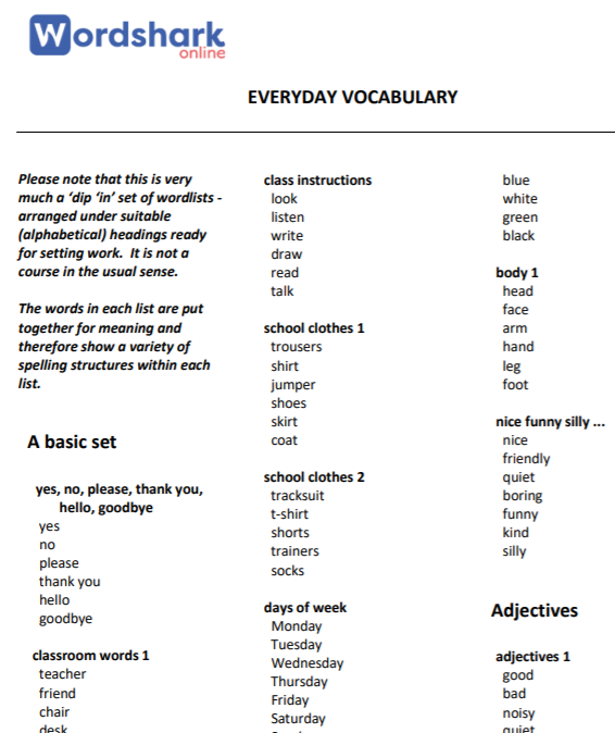 Word Bank - Wordshark - Wordshark & Numbershark